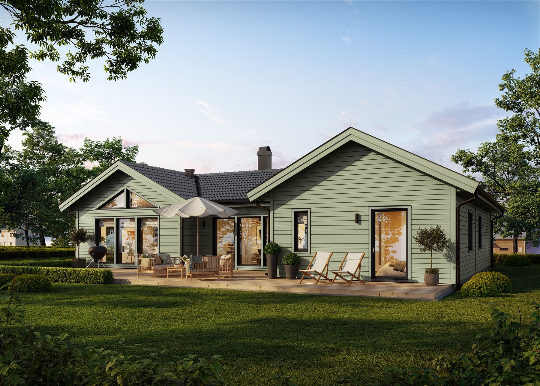 Modernt enplanshus med tvärställda gavlar – Sjöhem